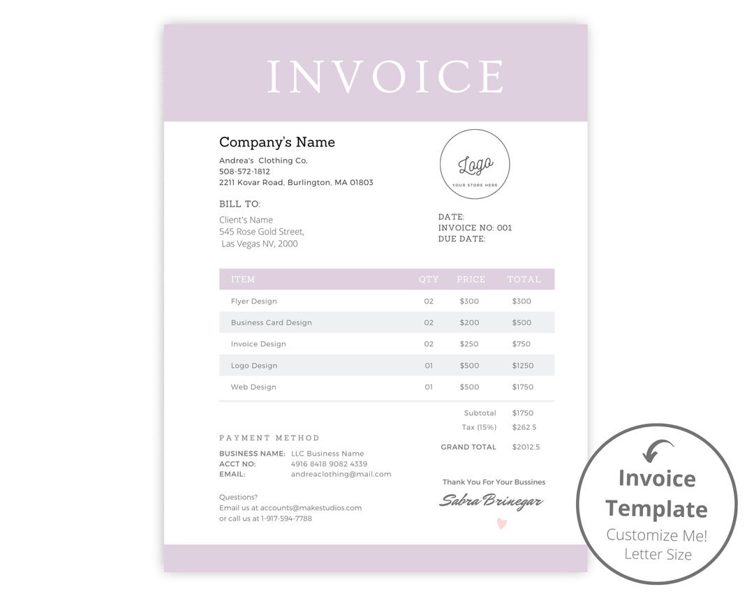 Purple Invoice Template: Editable Business Form (CANVA) - Etsy