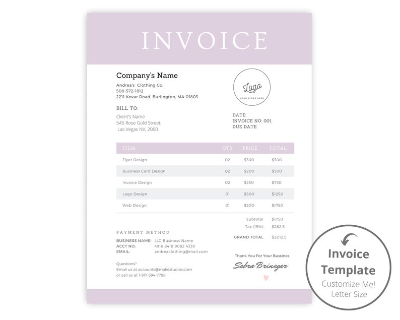 Purple Invoice Template: Editable Business Form (CANVA) - Etsy