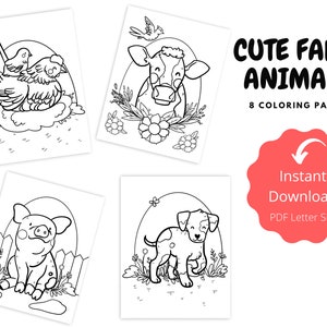 Cute Farm Animals Print Coloring Book - 8 Coloring Pages for Kids ...
