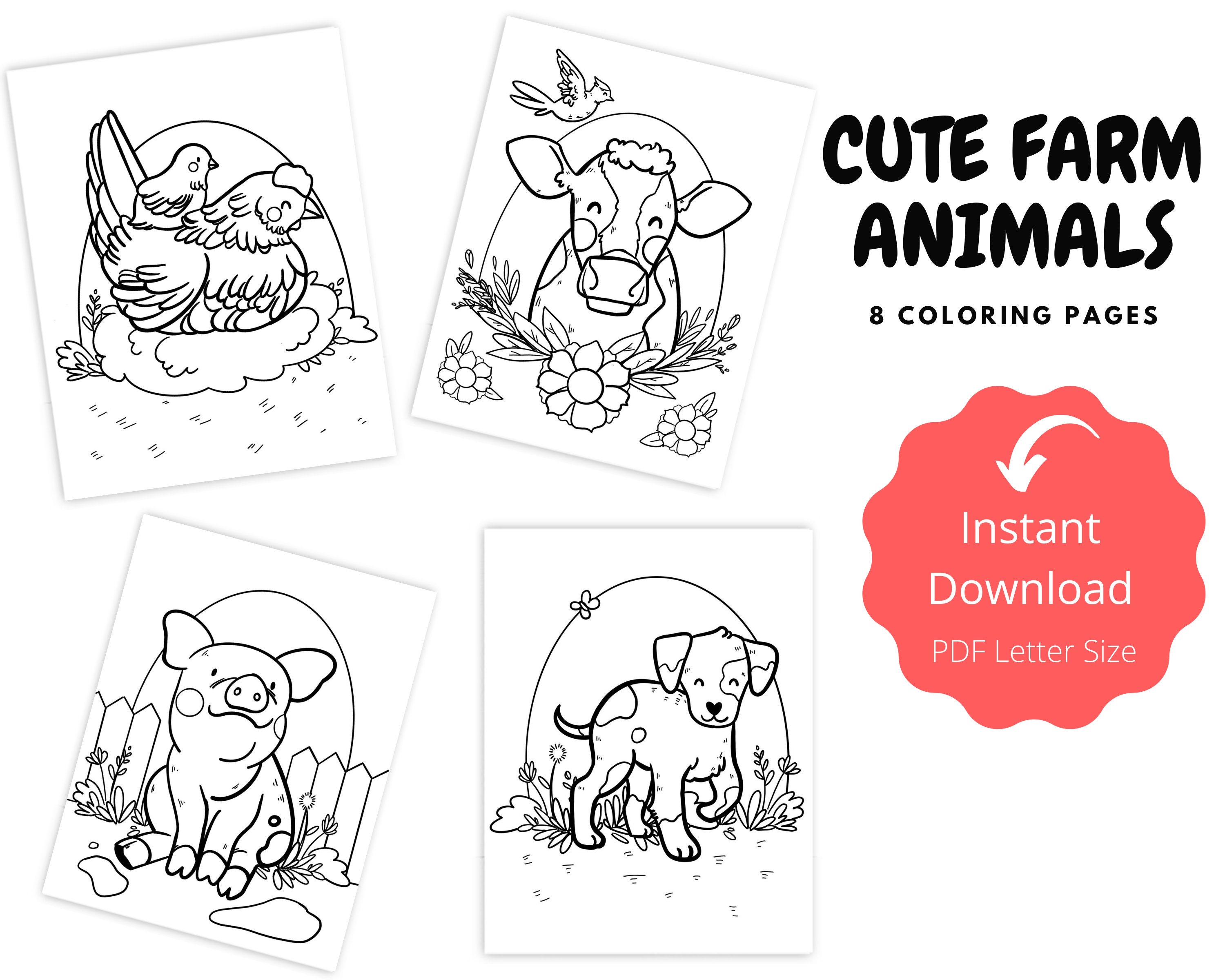 Cute Farm Animals Print Coloring Book - 8 Coloring Pages for Kids ...