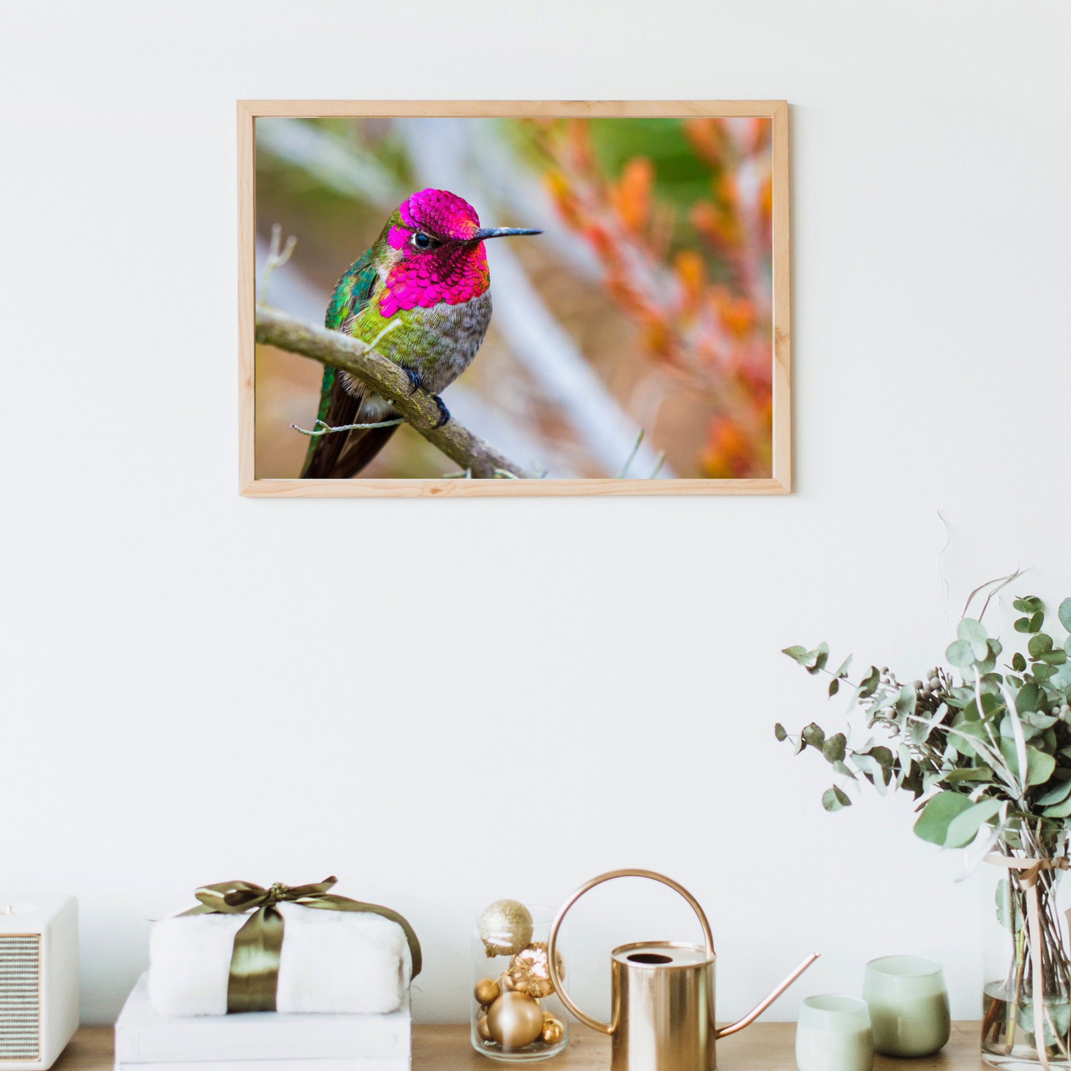 Hummingbird Fine Art Wall Print With Orange Leaves Anna's Hummingbird ...