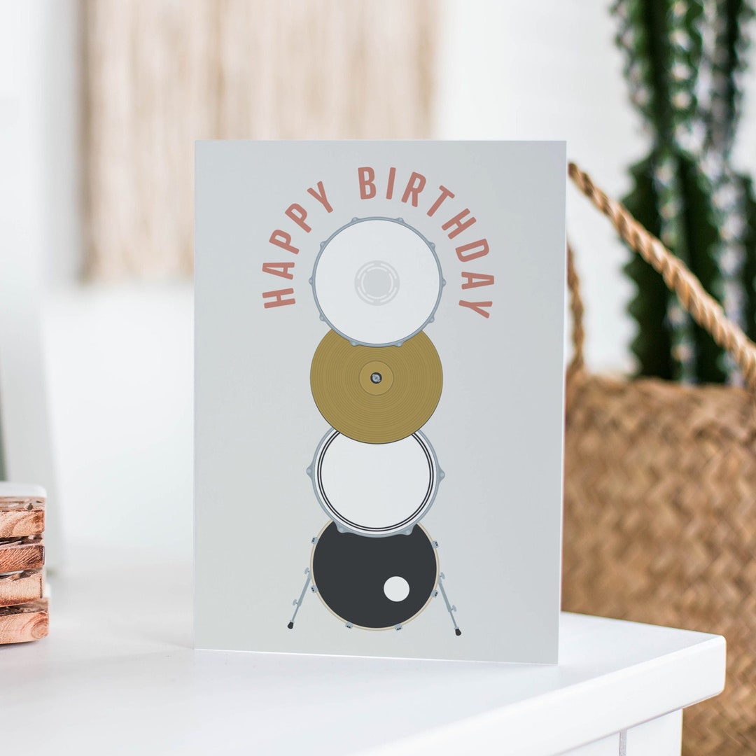 Drum Kit Birthday Card Drummer Instrument Card, Music Greetings Card ...