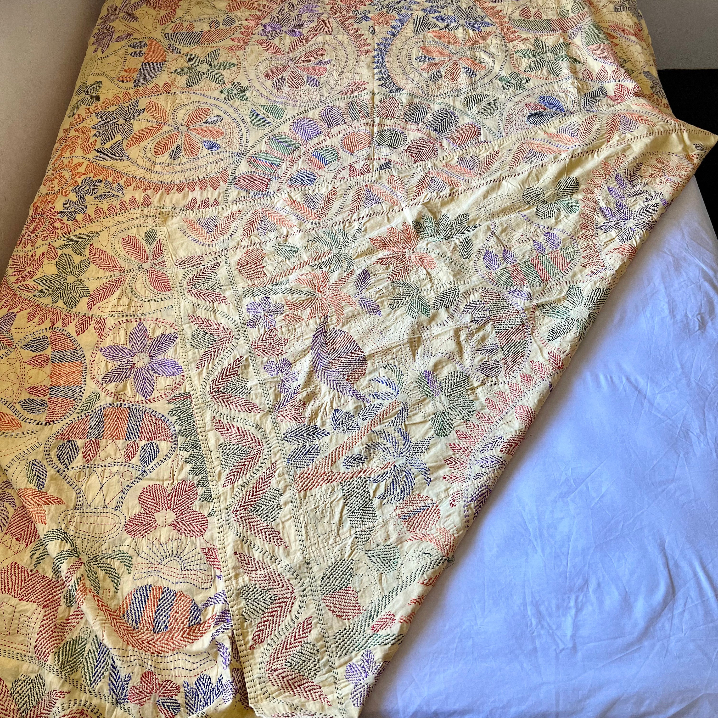 Hand Embroidered Suzani Bedspread - Traditional Nakshi Katha Cotton ...