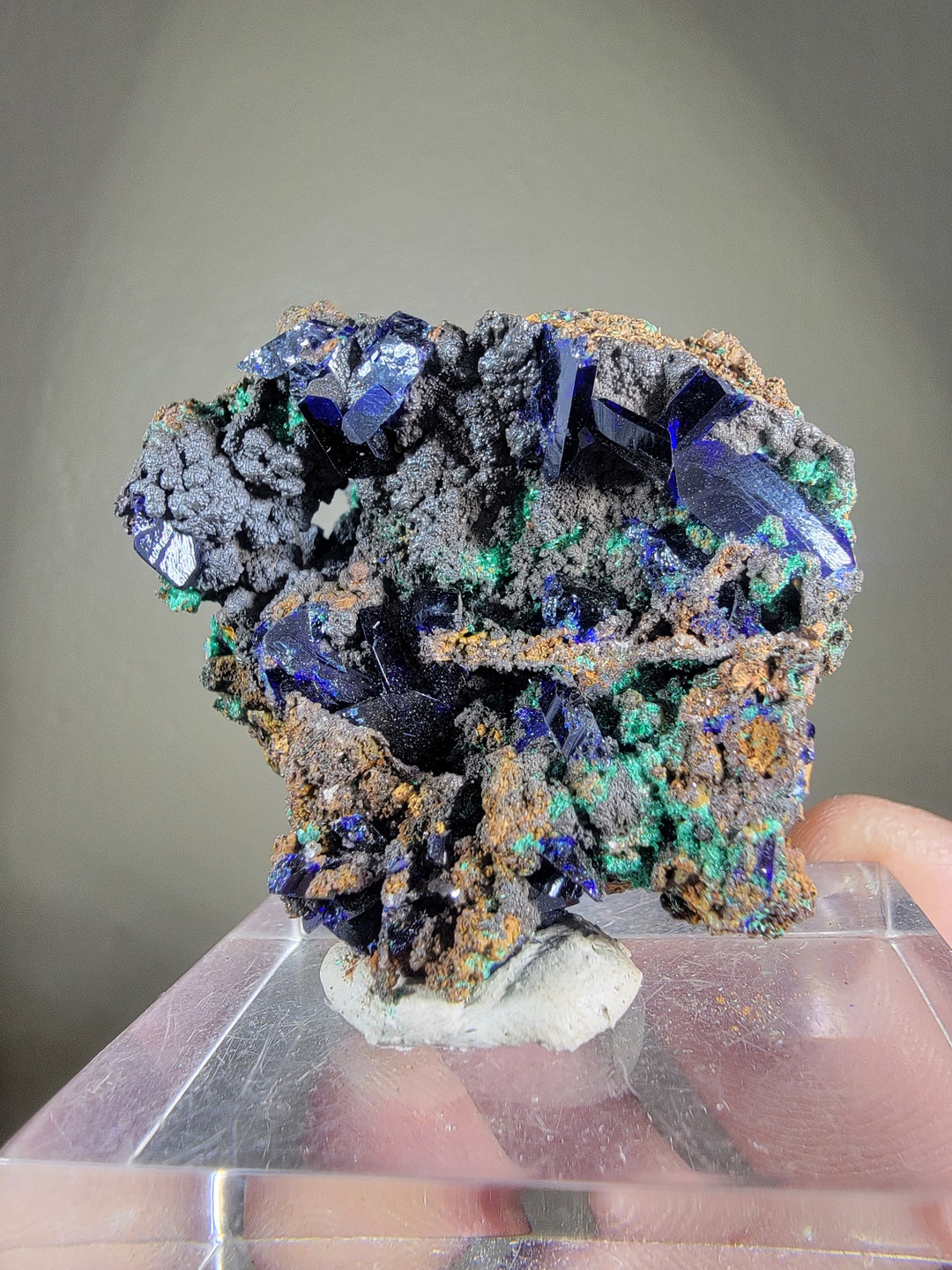 Gemmy Azurite Crystals With Malachite on Goethite - Exquisite Mineral ...
