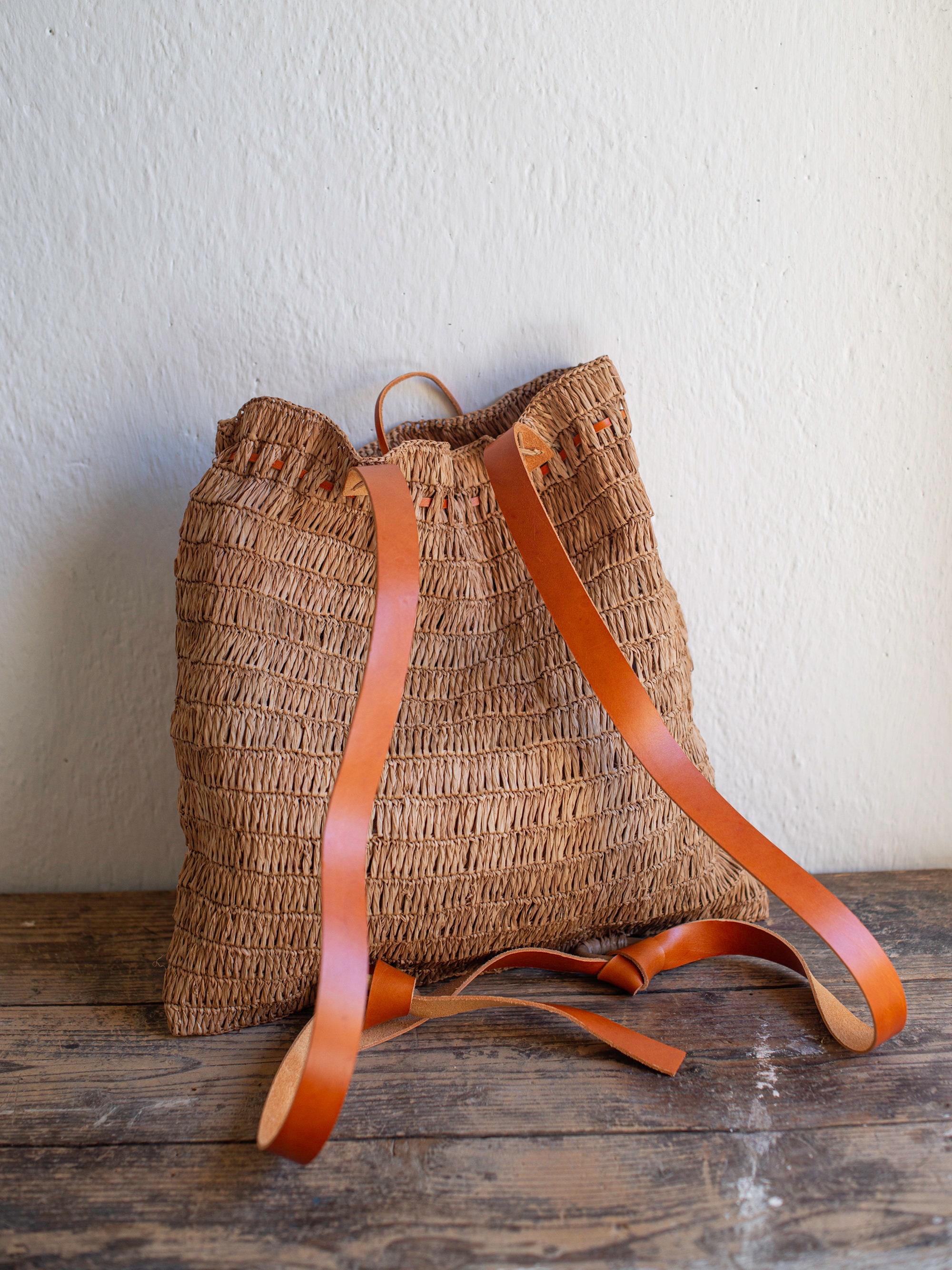 Natural Raffia Backpack With Leather Handles. - Etsy