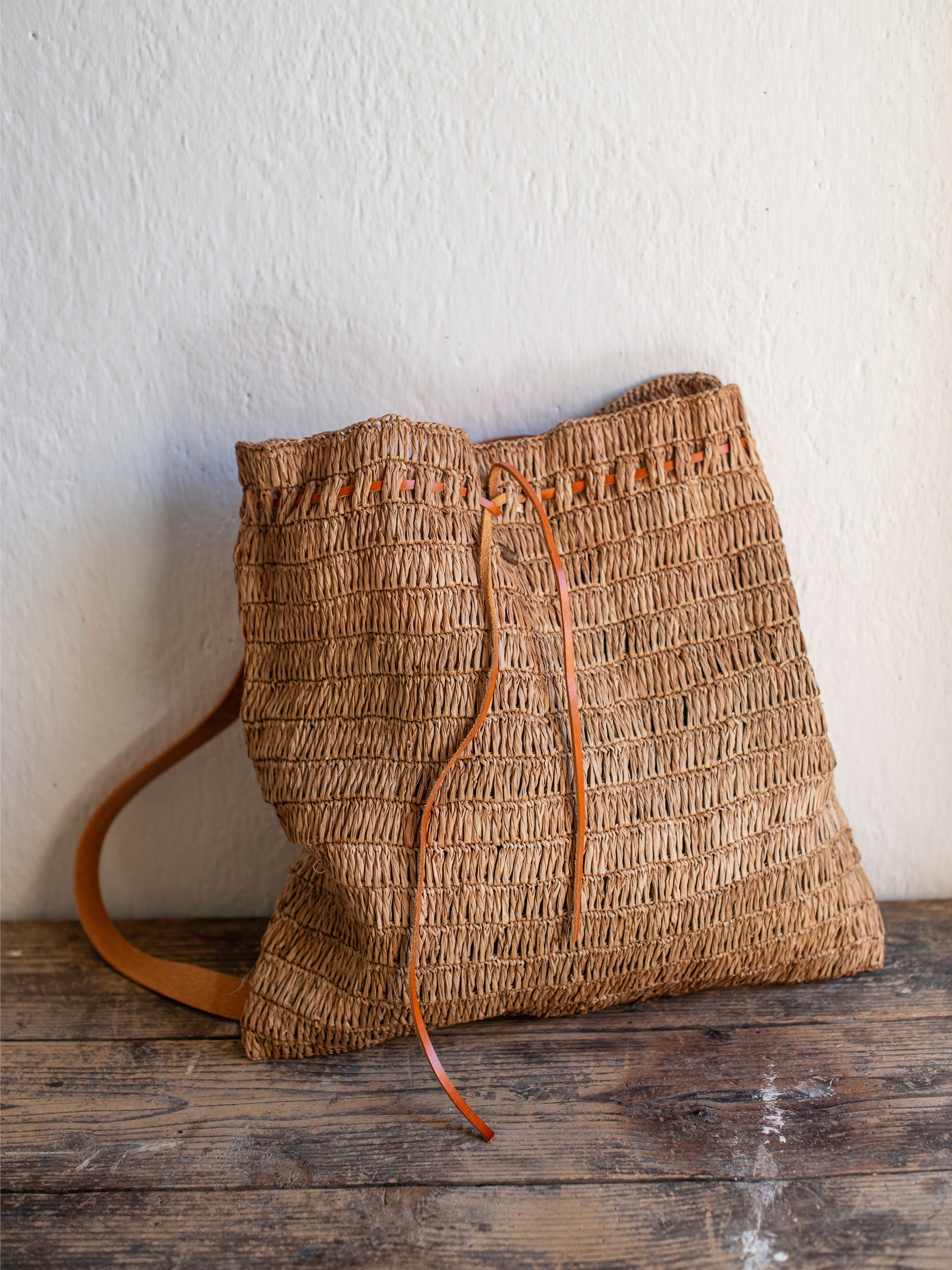 Natural Raffia Backpack With Leather Handles. - Etsy