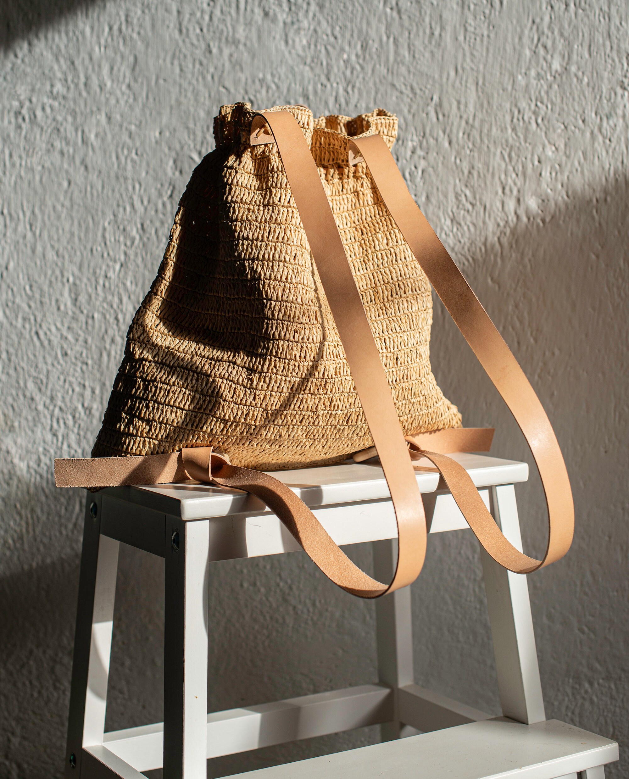 Natural Raffia Backpack With Leather Handles. - Etsy