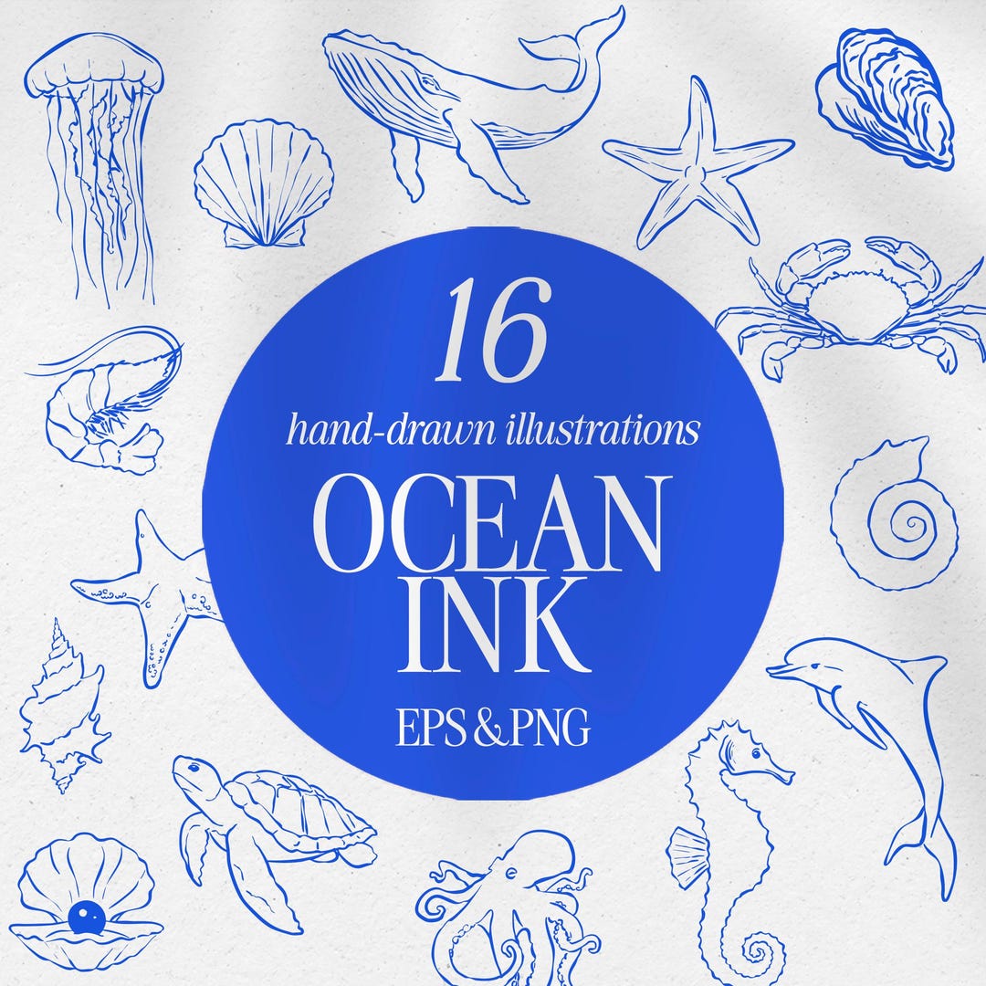 Nautical Line Art Clipart Bundle: Hand-drawn Ocean Animals (PNG & EPS ...