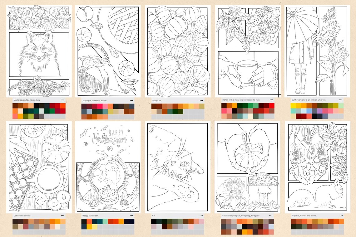 Autumn Story - Digital Coloring Pages & Color Palettes - Etsy