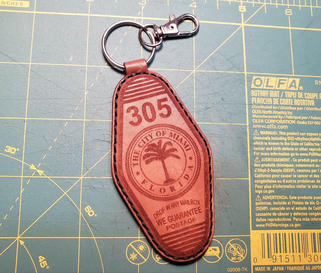 MIAMI 305 vintage Style Key Fob Hand Stitched Leather Upcycled Keychain ...