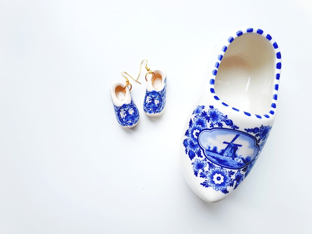 Dutch Clog Earrings, Netherlands Souvenir, Delft Blue Ceramic Jewelry ...