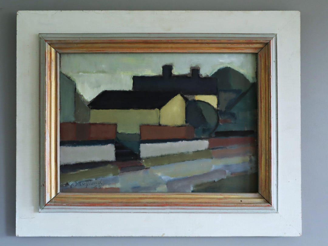 1953 Vintage Mid Century Modern Original Abstract Street Scene Landscape Oil Painting - "silent ...