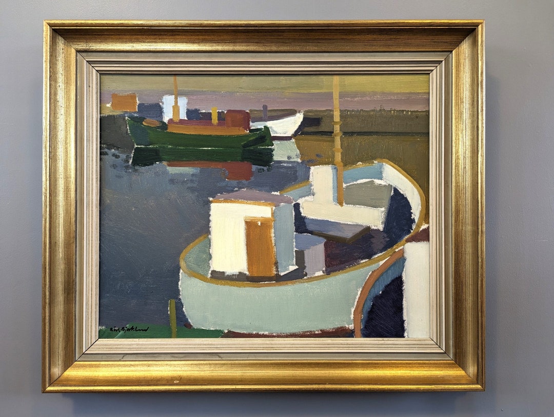 Vintage Original Modernist Style Harbour Scape Oil Painting Mid-century ...