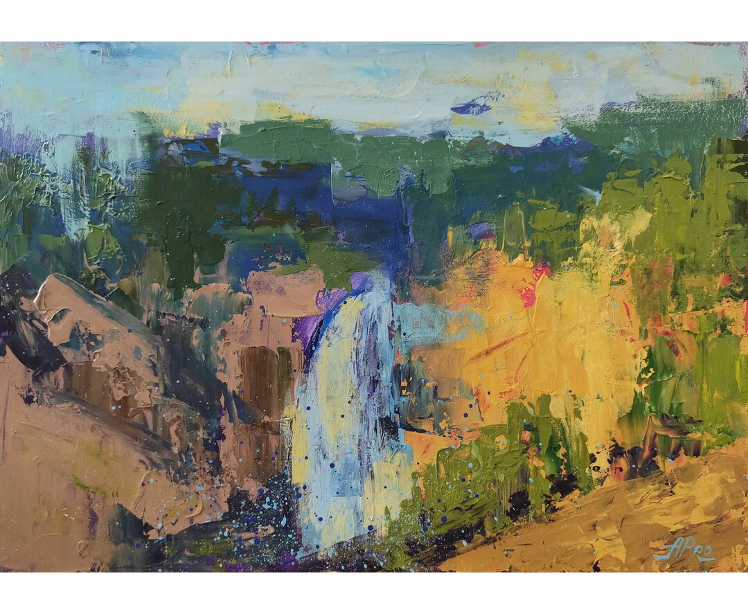 Yellowstone Painting Original Artwork Waterfall Landscape Abstract ...