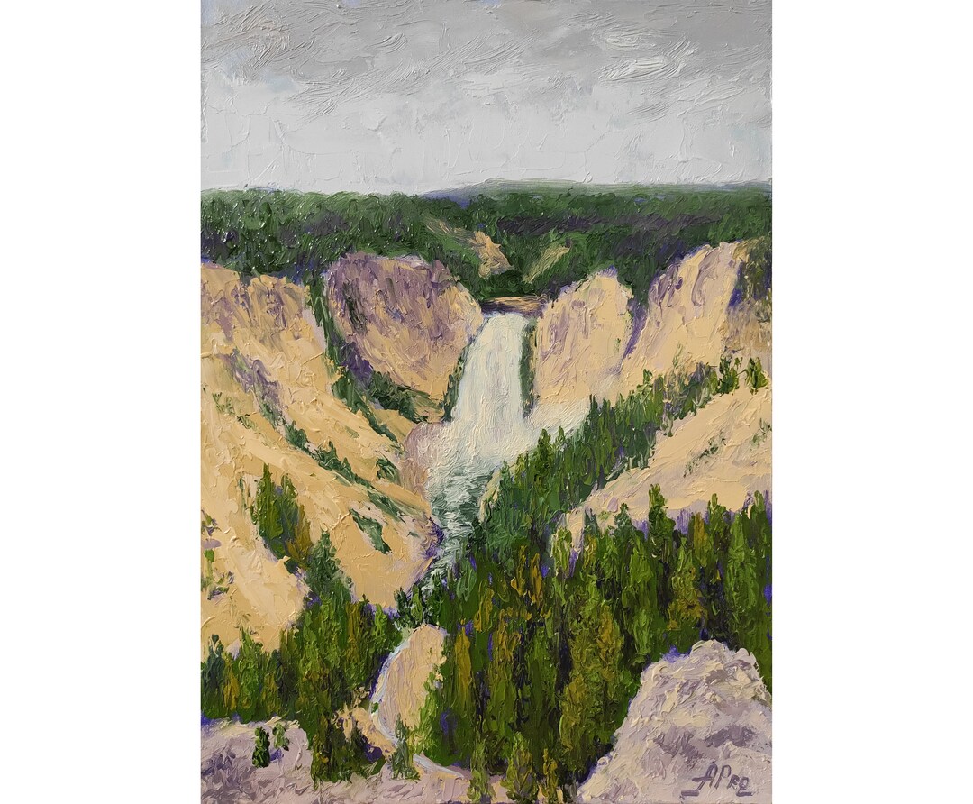 Yellowstone Painting Waterfall Original Artwork Landscape Oil Painting ...