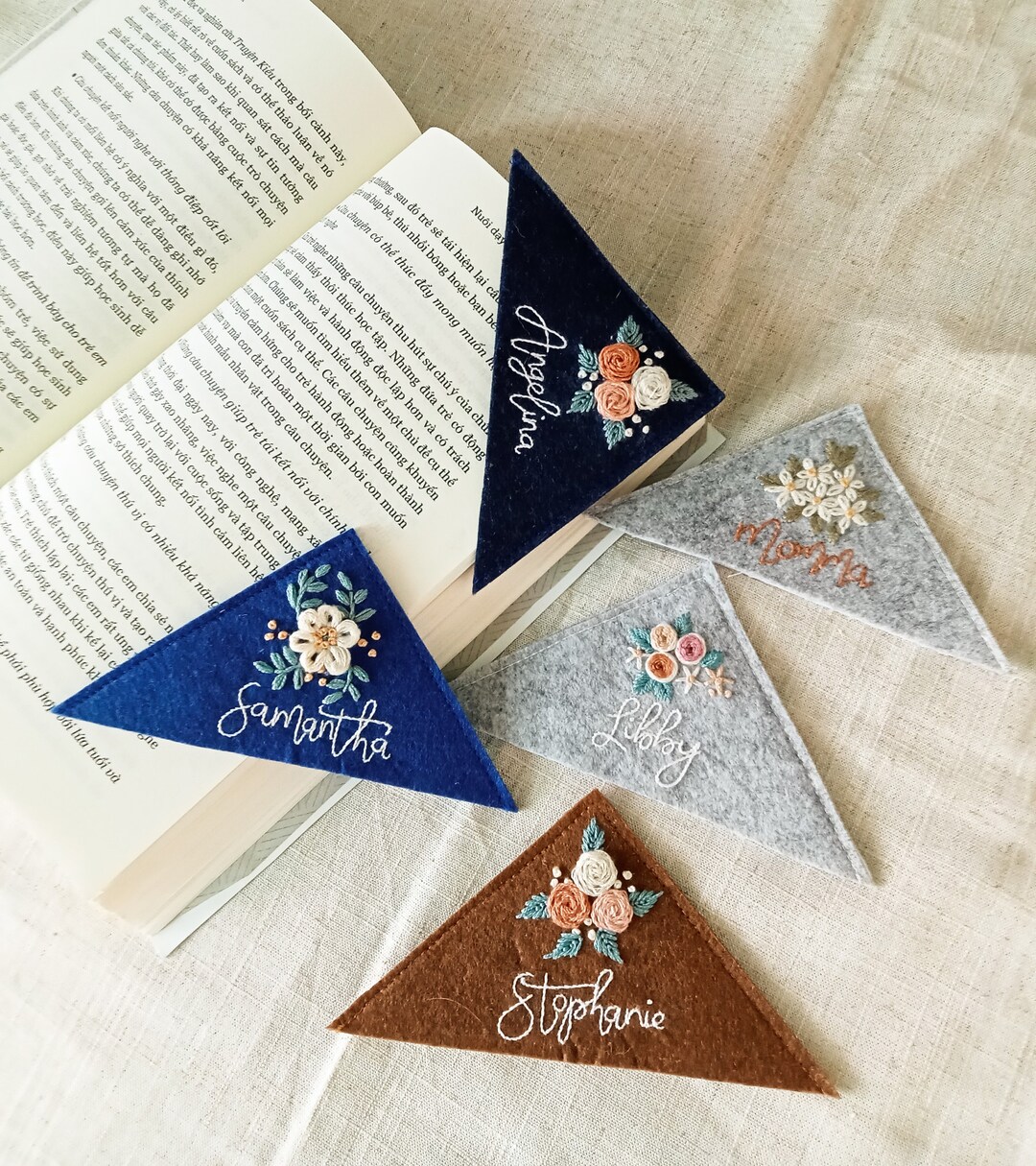 Personalized Felt Corner Bookmark: Hand Embroidered Floral Design - Etsy