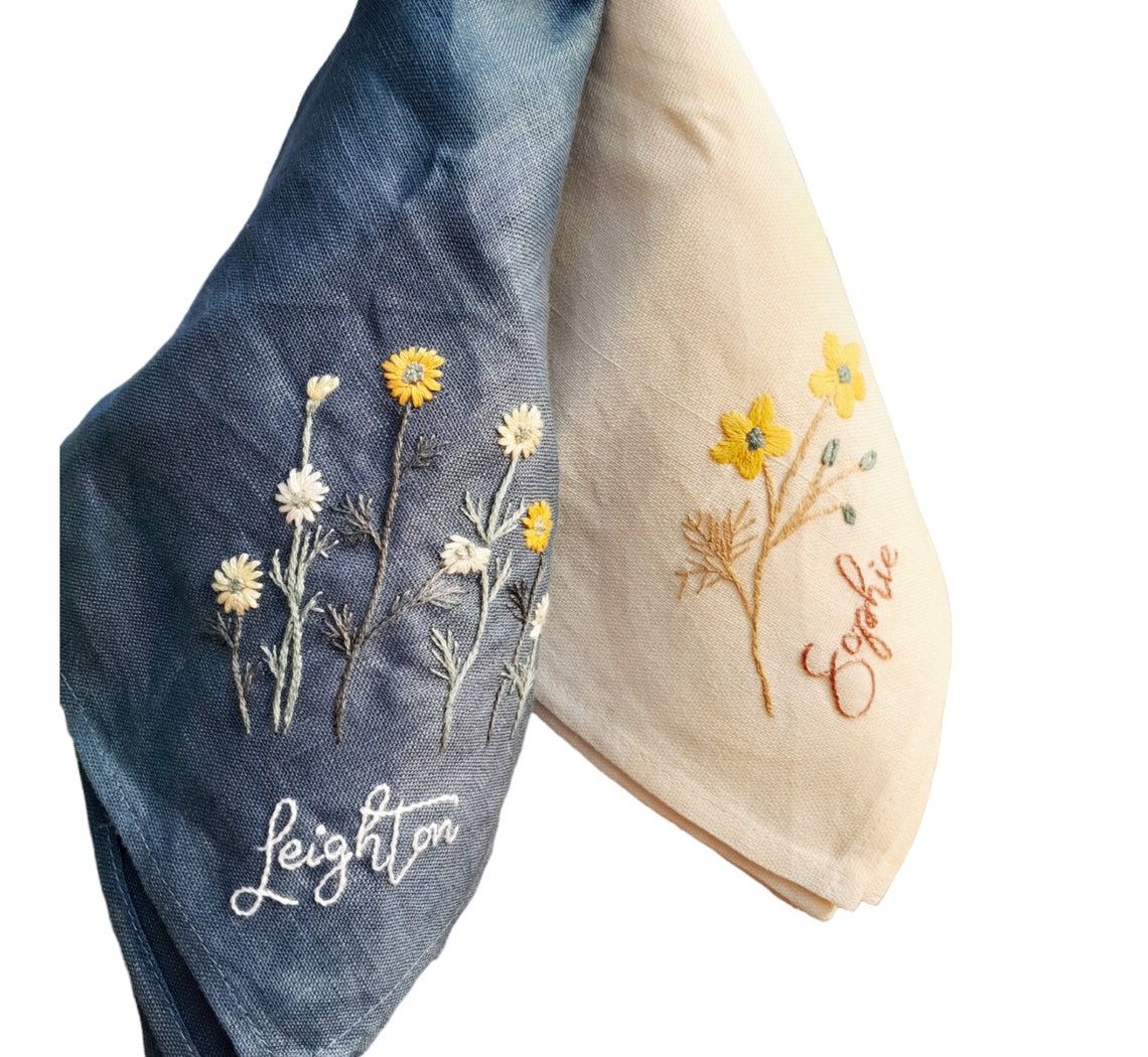 Custom Linen Handkerchief: Personalized Name, Wildflower Embroidery - Etsy