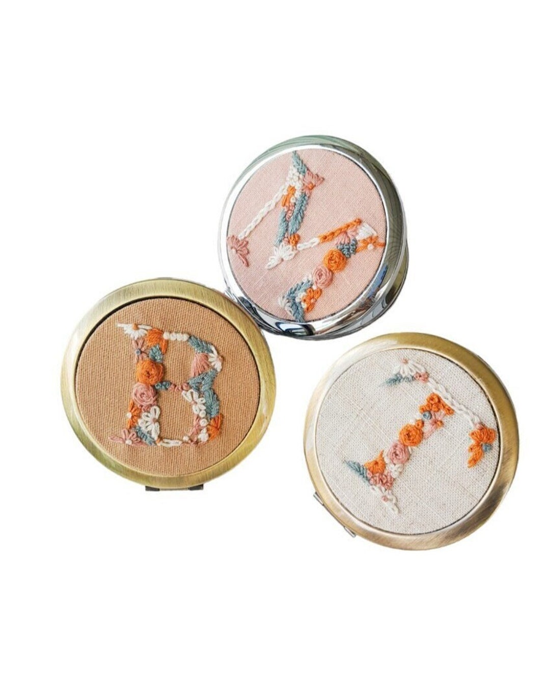 Initial Compact Mirror, Hand Embroidery Floral Compact Mirror, Makeup ...
