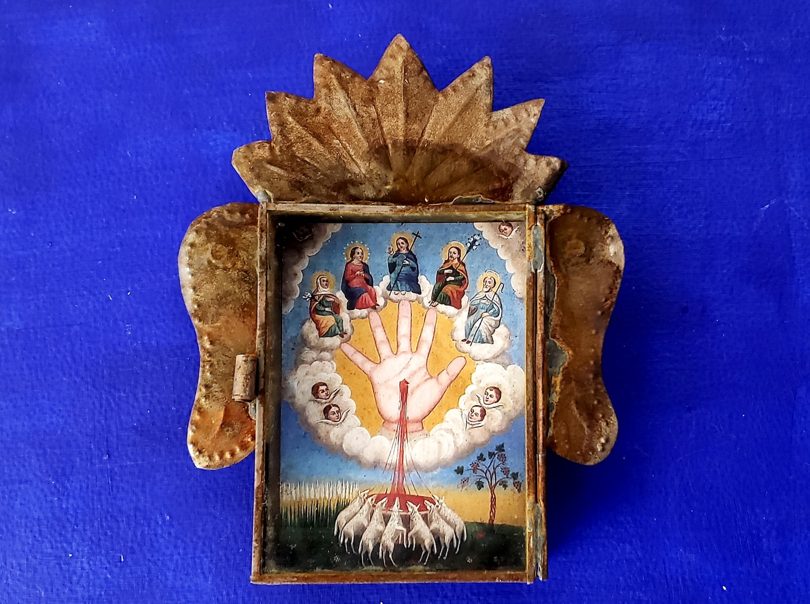 Rustic Mexican Tin Nicho Mano Poderosa Powerful Hand Wall Hanging Folk ...