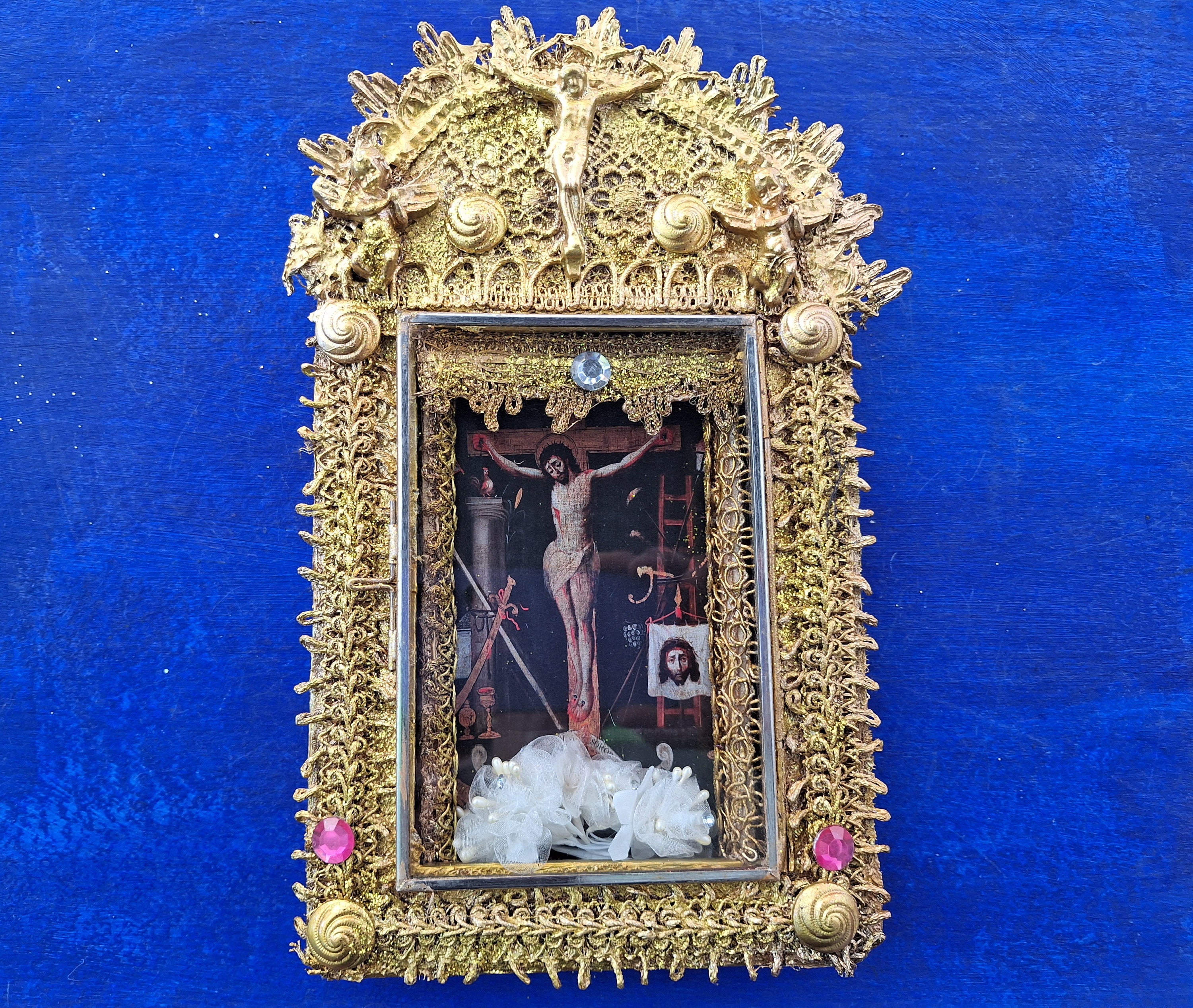 Golden Nicho Pasion of Christ Jesus Cross Shrine Wall Hanging Folk Art ...