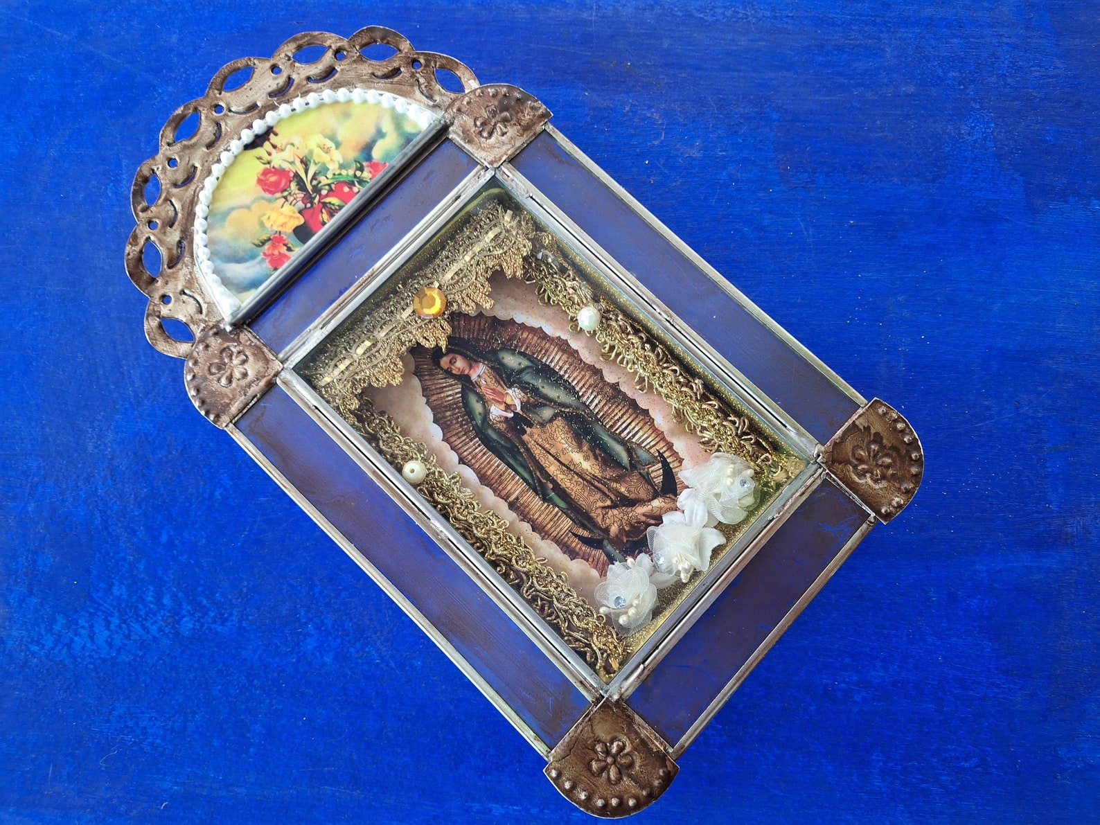 Big Our Lady of Guadalupe Glass Nicho Shrine Wall Hanging Folk Art ...