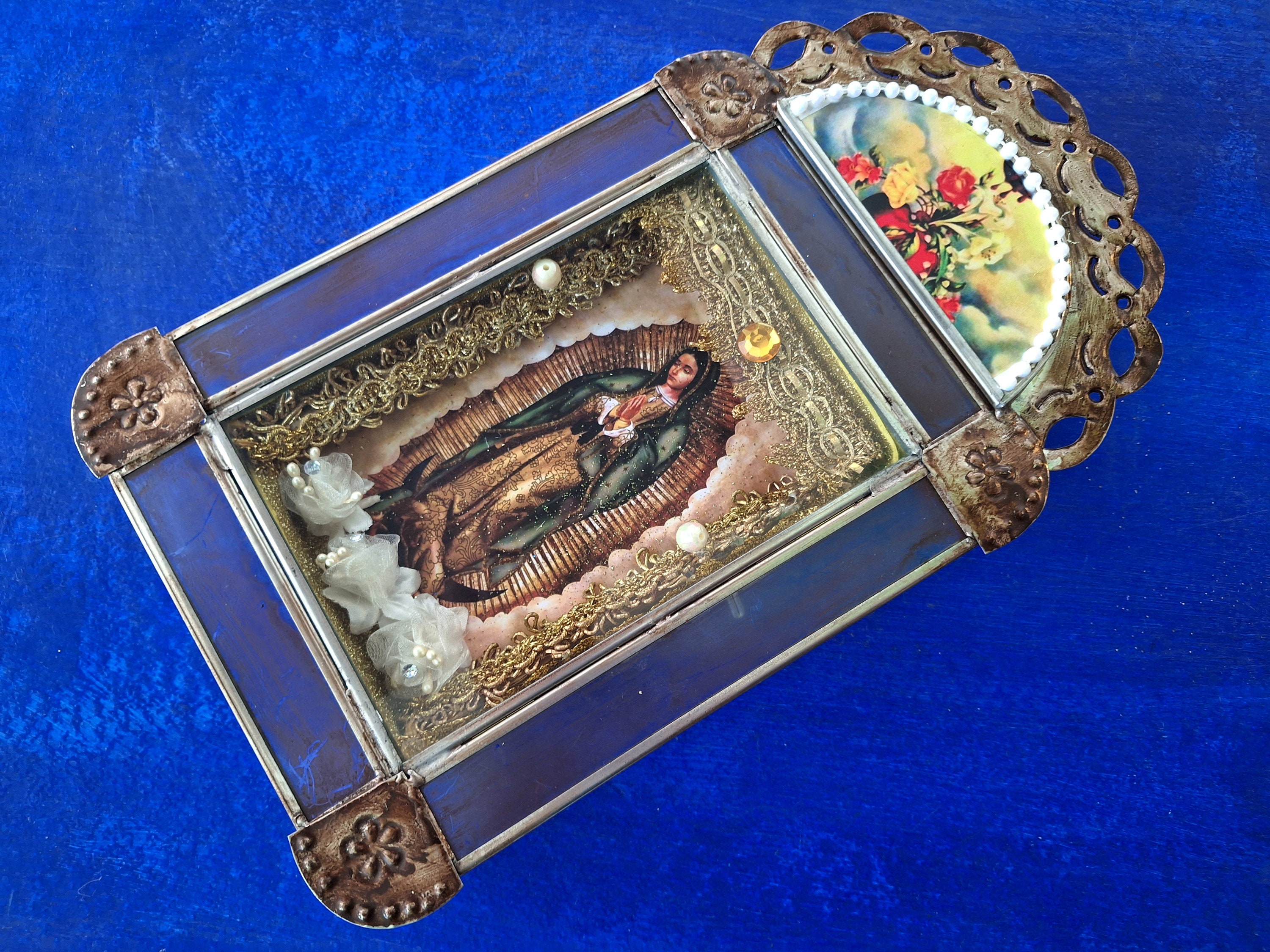 Big Our Lady of Guadalupe Glass Nicho Shrine Wall Hanging Folk Art ...