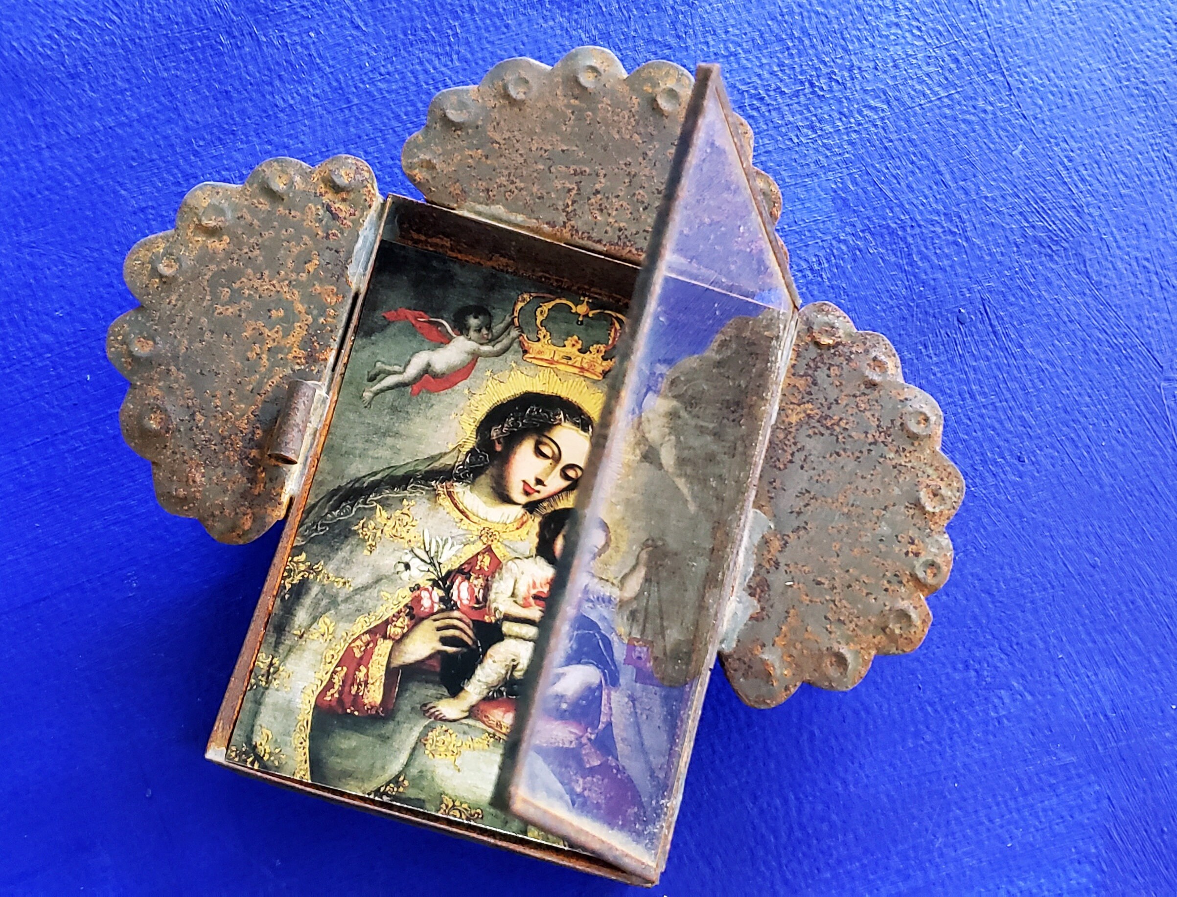 Rustic Mexican Tin Nicho Virgen Del Carmen Sacred Heart Jesus - Etsy
