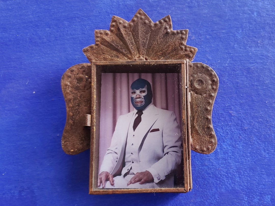 Rustic Mexican Tin Nicho Mexican Wrestling Lucha Libre Blue Demon Wall ...