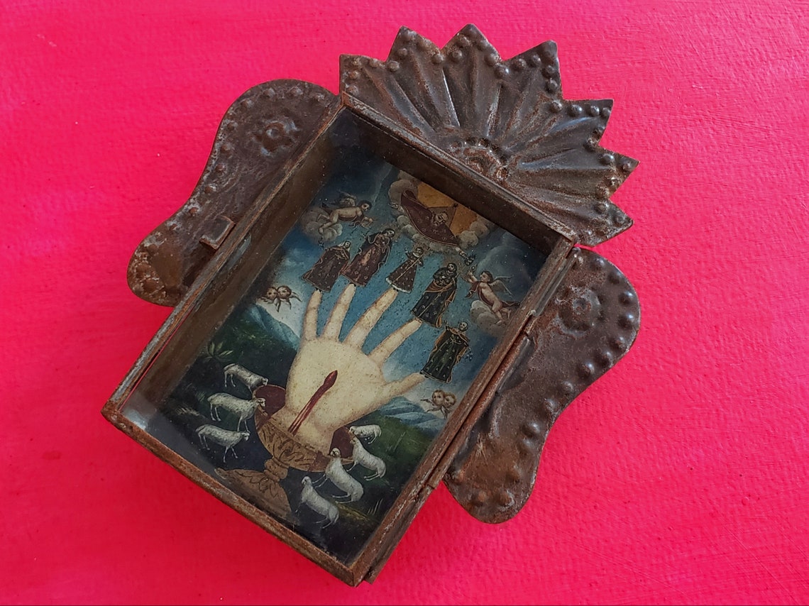 Rustic Mexican Tin Nicho Mano Poderosa Powerful Hand Wall Hanging Folk ...