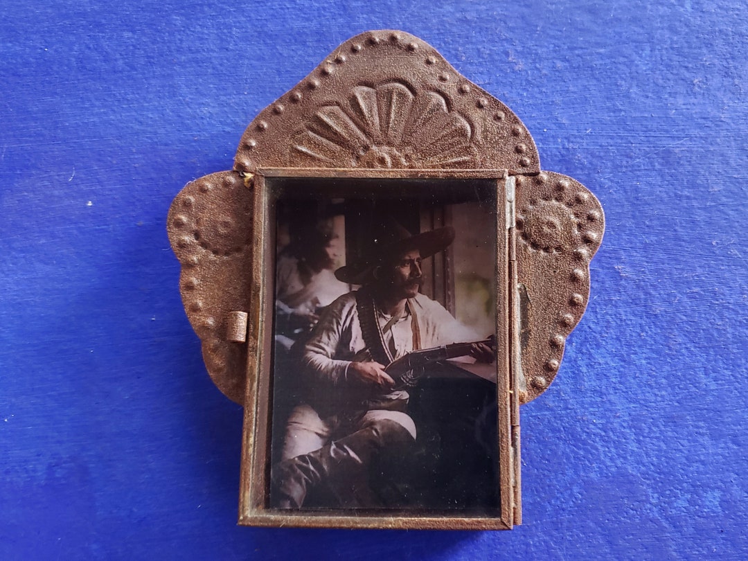 Rustic Mexican Tin Nicho Mexican Revolution Photo Old Soldier in Train ...