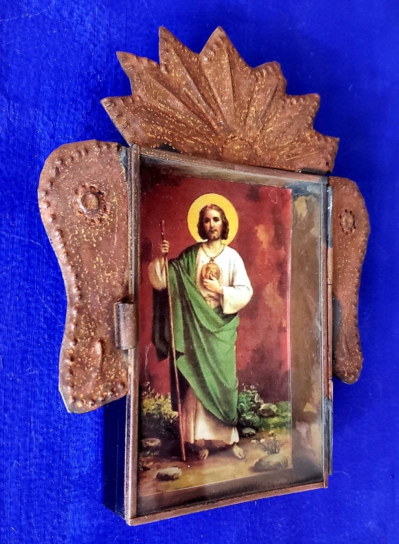 Rustic Mexican San Judas Tadeo Santo Tin Wall Hanging Nicho Folk Art ...