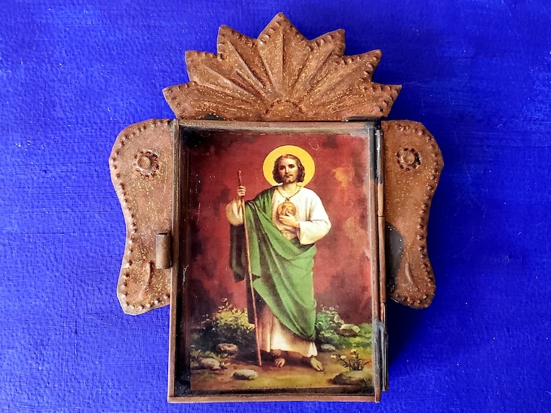 Rustic Mexican San Judas Tadeo Santo Tin Wall Hanging Nicho Folk Art ...