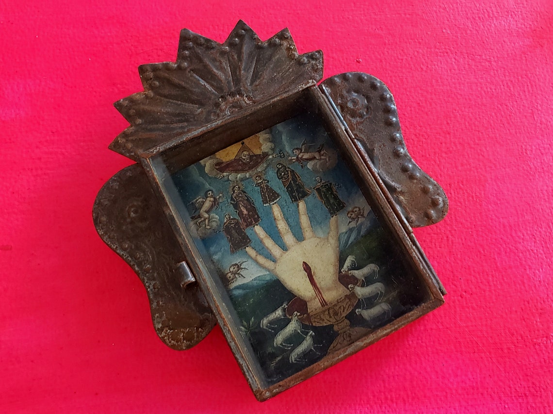 Rustic Mexican Tin Nicho Mano Poderosa Powerful Hand Wall Hanging Folk ...