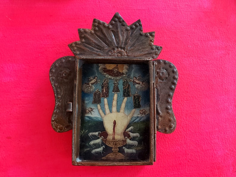 Rustic Mexican Tin Nicho Mano Poderosa Powerful Hand Wall Hanging Folk ...
