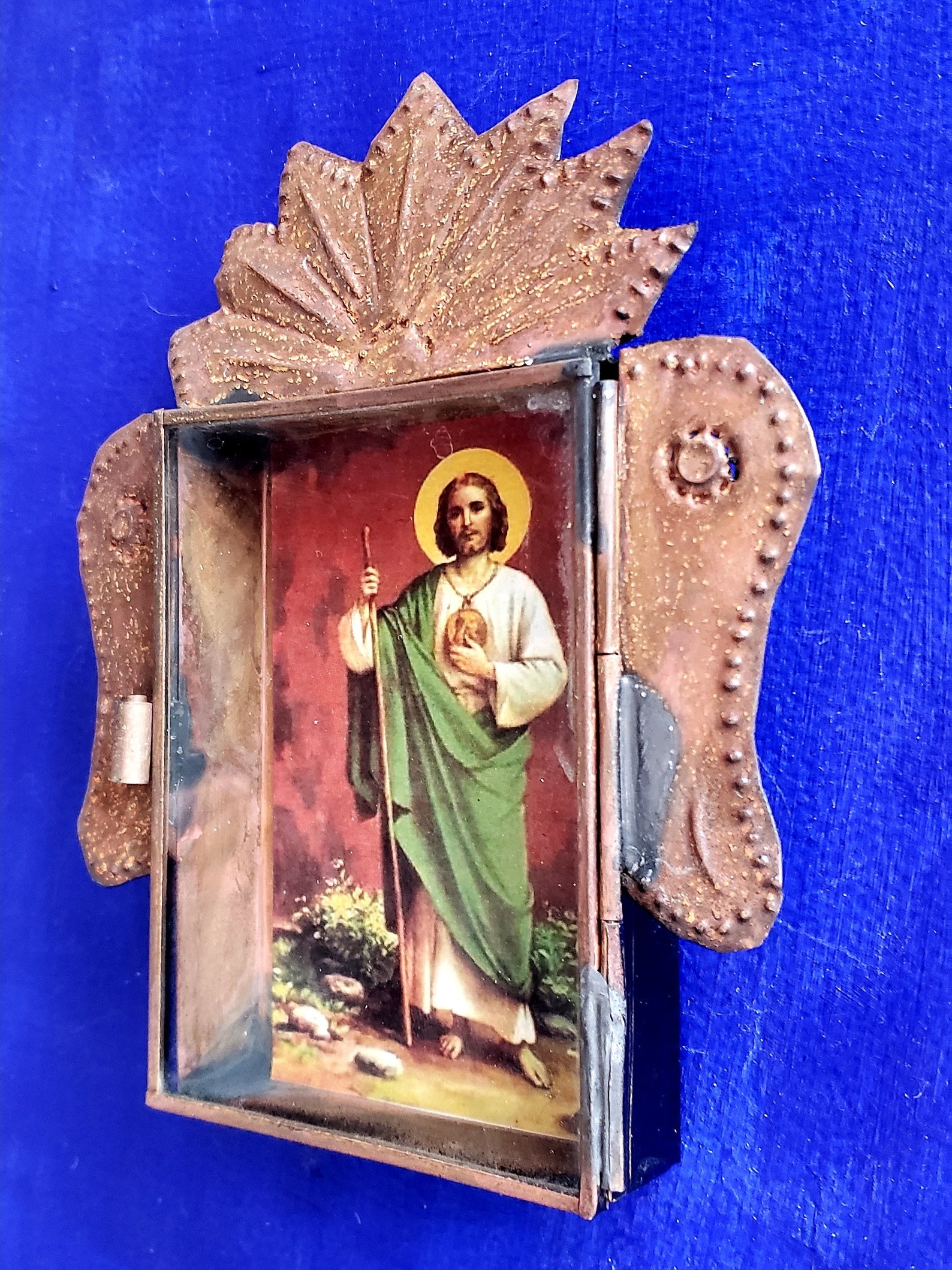 Rustic Mexican San Judas Tadeo Santo Tin Wall Hanging Nicho Folk Art ...