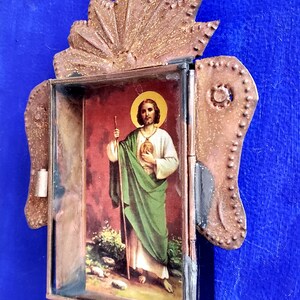 Rustic Mexican San Judas Tadeo Santo Tin Wall Hanging Nicho Folk Art ...