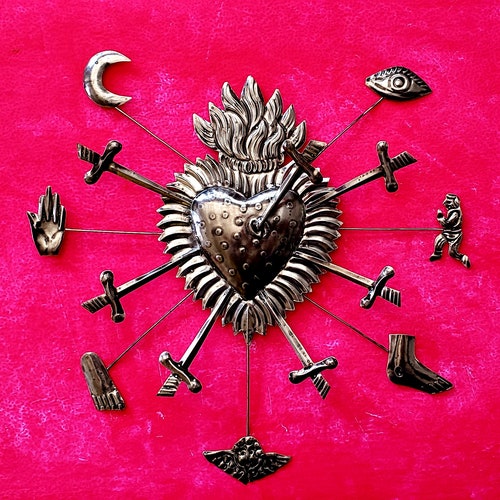 Red Handmade Mexican Tin Sacred Heart Folk Art Milagro Wall | Etsy