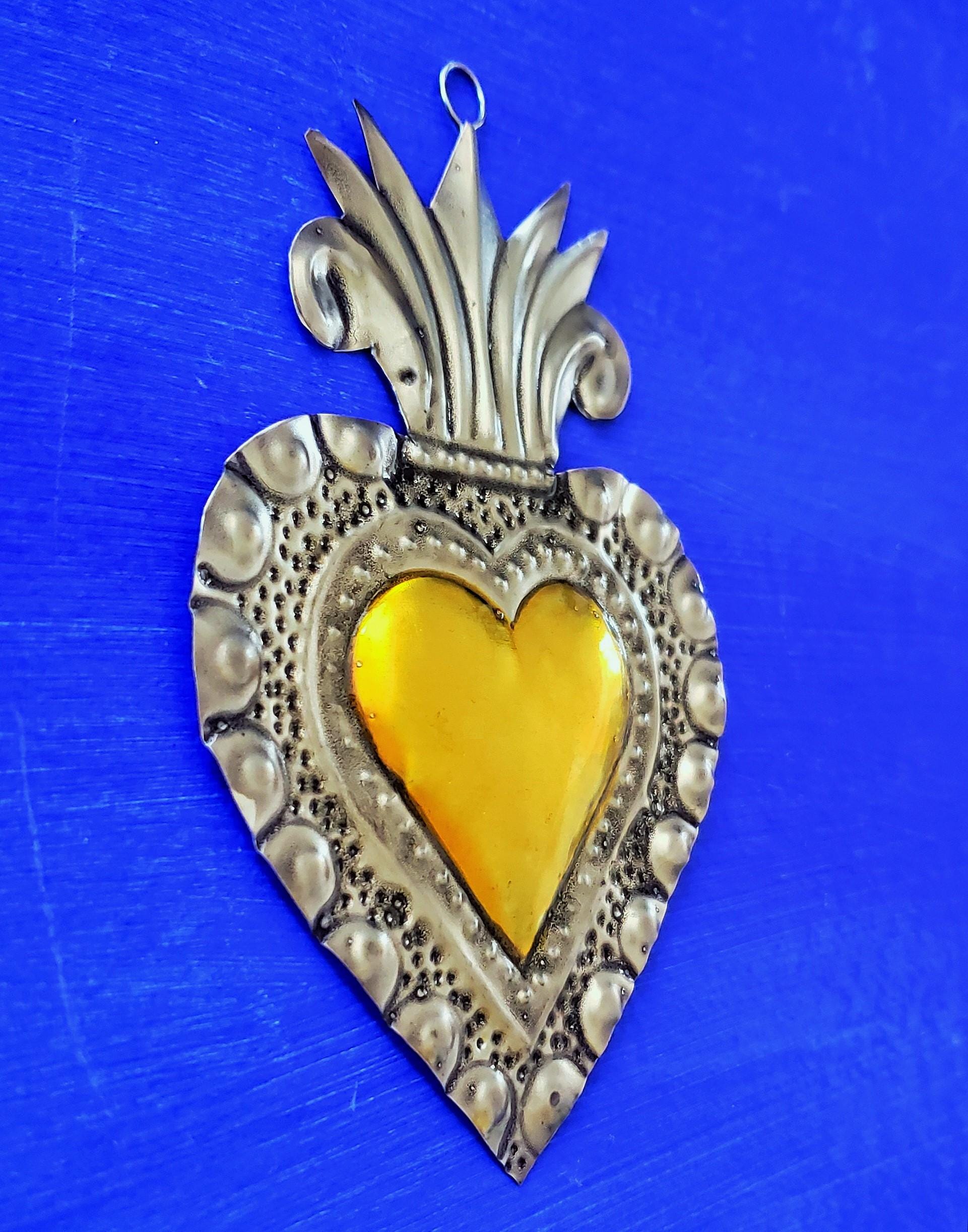 Yellow Sacred Heart Milagro – Handmade Mexican Tin Folk Art Wall ...