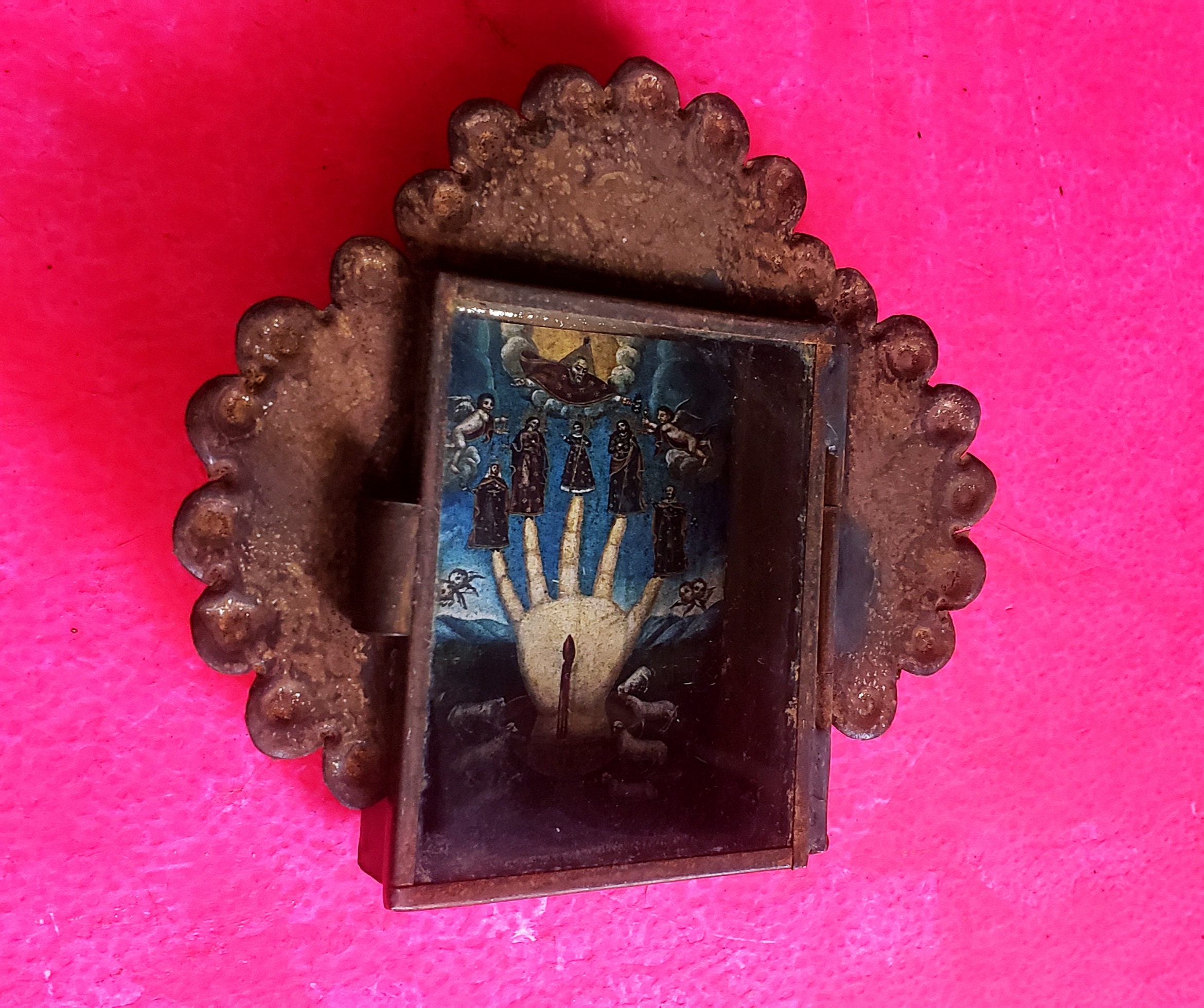 Rustic Mexican Mano Poderosa Tin Wall Hanging Nicho Folk Art Rusty ...