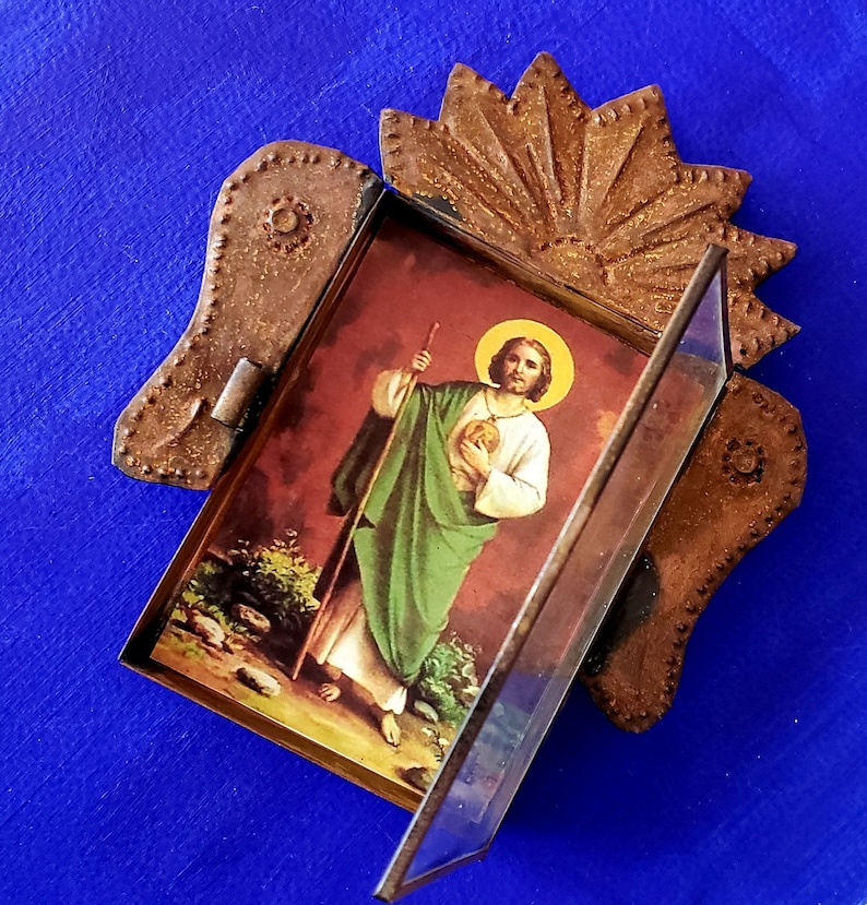 Rustic Mexican San Judas Tadeo Santo Tin Wall Hanging Nicho Folk Art ...