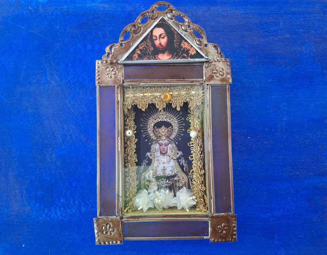 Big Glass Nicho Virgen Maria Shrine Wall Hanging Folk Art Catholic ...