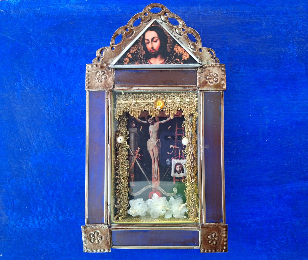 Rustic Beautiful Mexican Tin Nicho Pasion of Christ Jesus Cross Wall ...