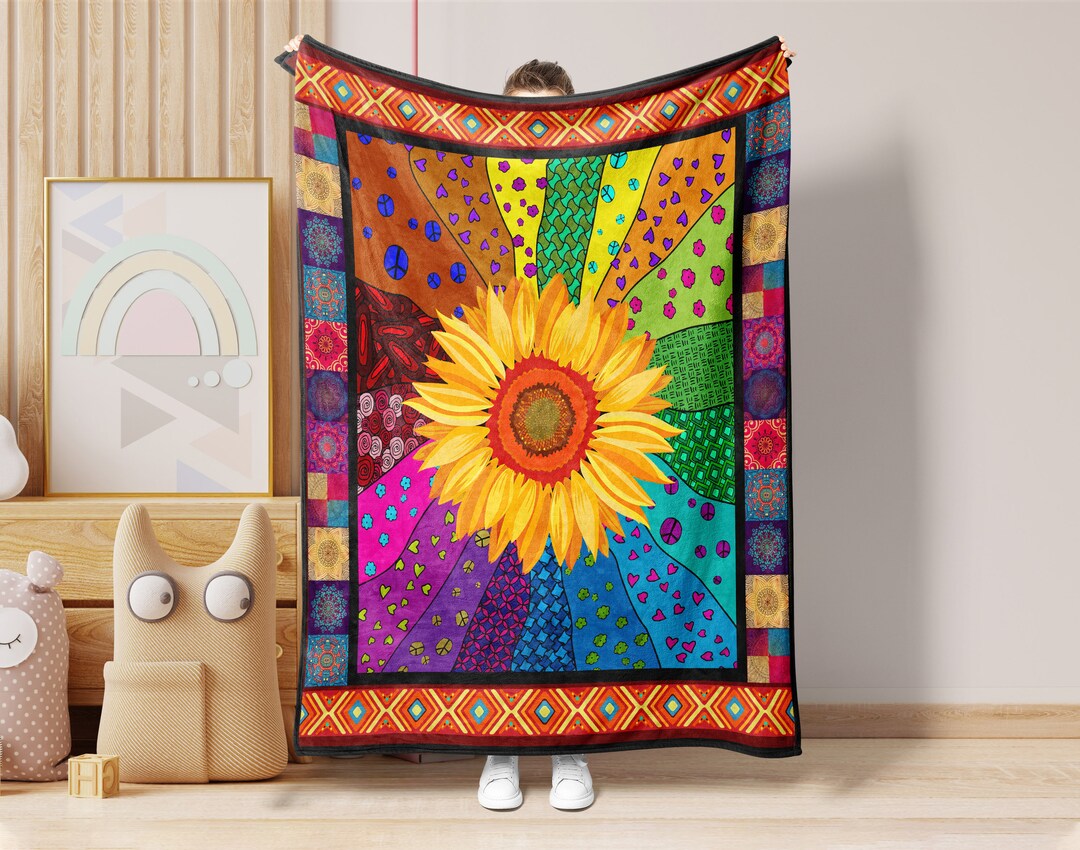 Hippie Sunflower Blanket, Sunflower Fleece Sherpa Blanket, Sunflower ...