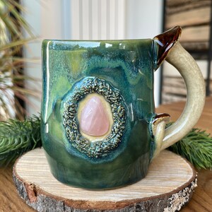 Crystal Mug With Rose Quartz, Mushroom Mug With Crystal, Stoneware ...