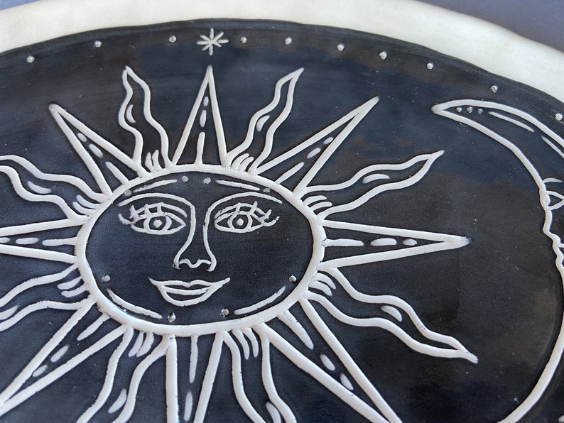 Pottery Sgraffito Serving Sun and Moon Plate Handmade Tray - Etsy