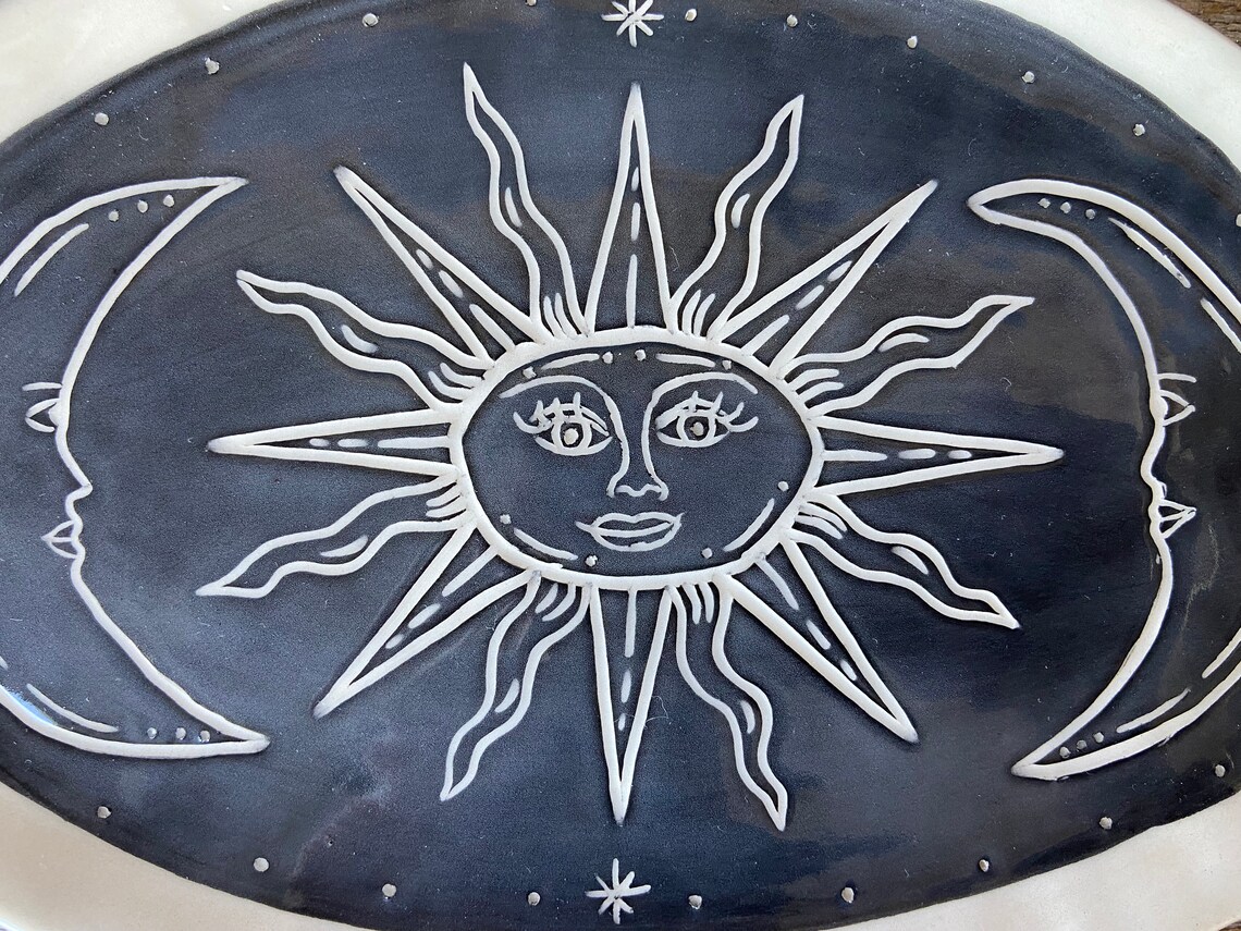 Pottery Sgraffito Serving Sun and Moon Plate Handmade Tray | Etsy
