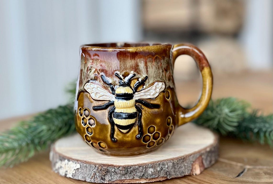 Ceramic Bee Cup Handmade, 10 Fl Oz / 300 Ml, Bumble Bee, Honeycomb ...