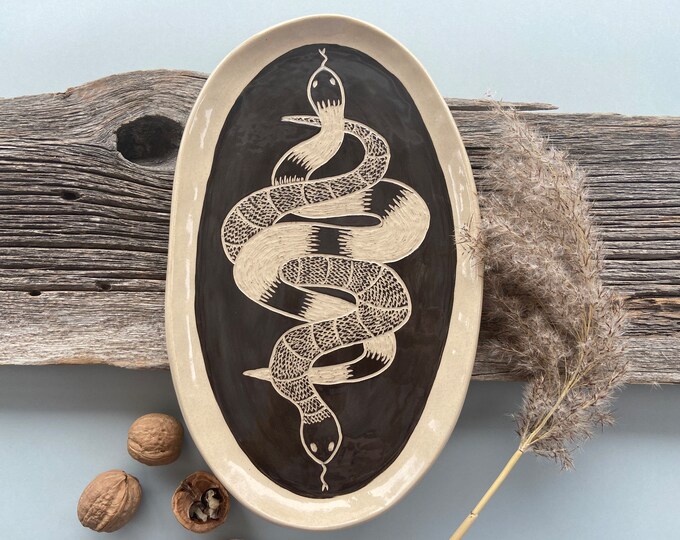 Sgraffito Pottery, Large Snake Serving Platter, Ceramic Plates, Black ...