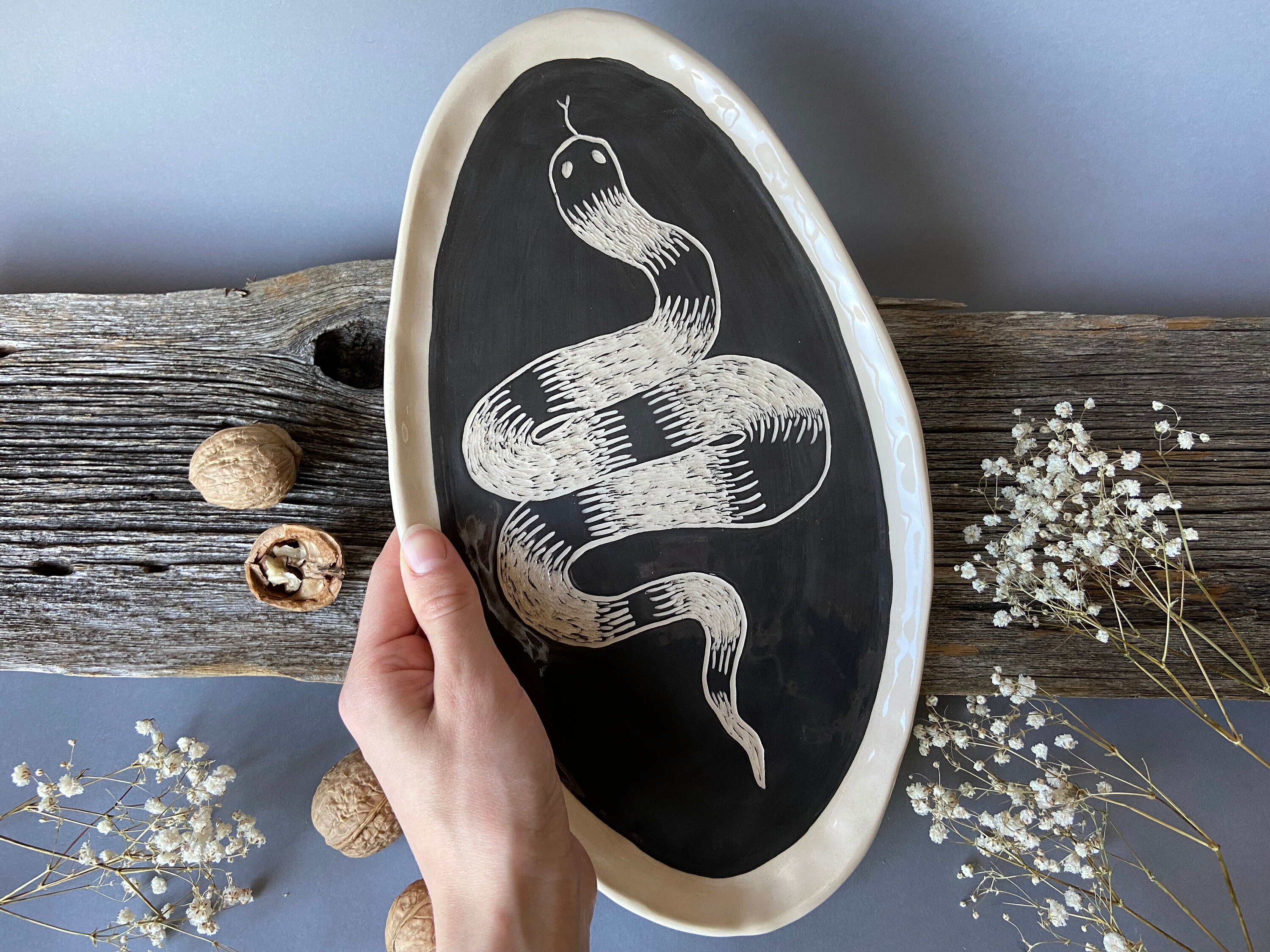 Sgraffito Pottery Snake Serving Tray Ceramic Plate Handmade - Etsy