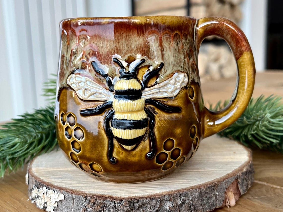 Ceramic Bee Cup Handmade, 10 Fl Oz / 300 Ml, Bumble Bee, Honeycomb ...